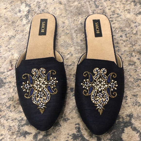 SAACHI | Shoes | Saachi Silk Flat Slides Navy Nwt | Poshmark